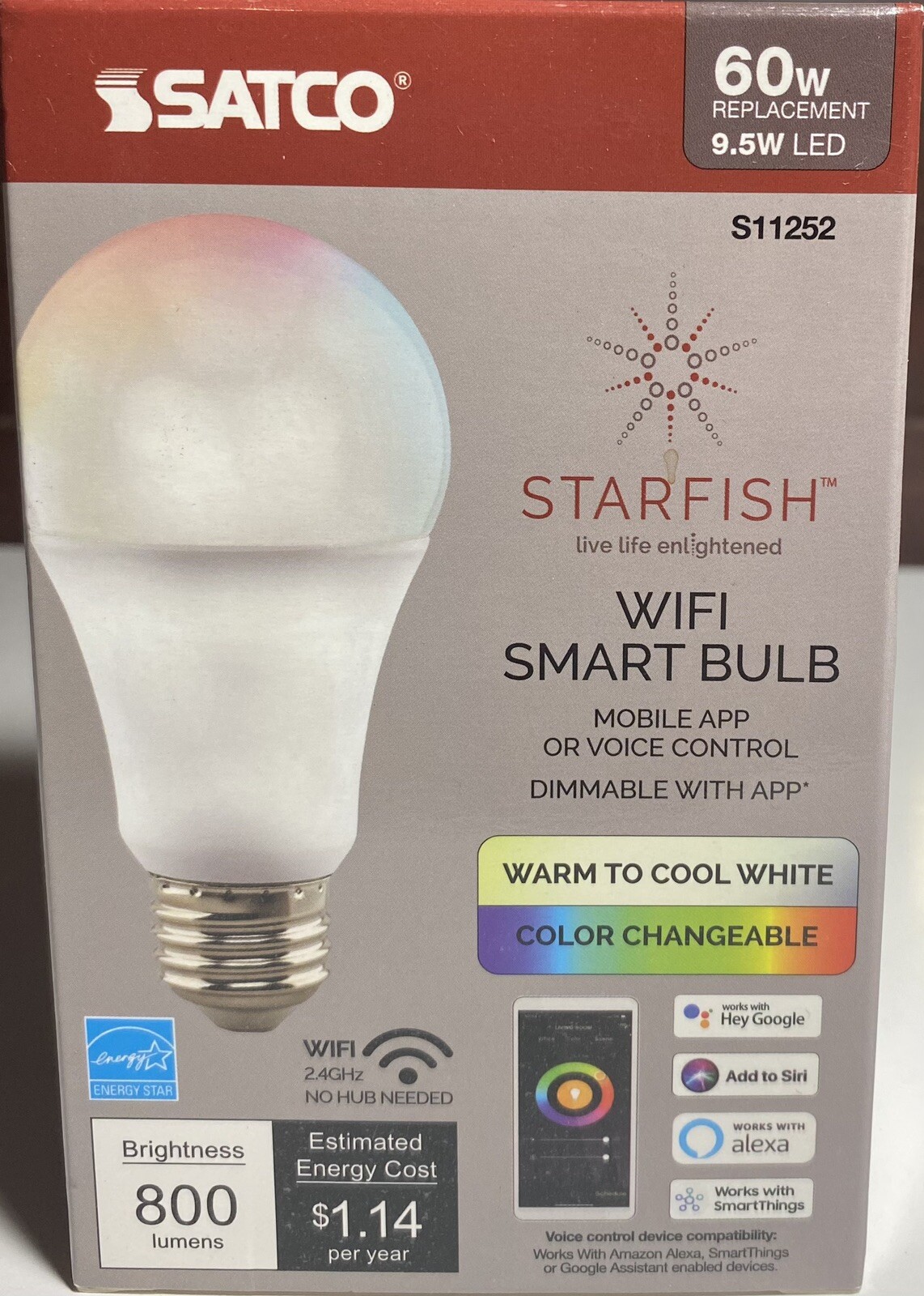 SATCO Starfish Wi-Fi 9.5W LED A19 Tunable RGBW Smart Bulb (S11252) | eBay