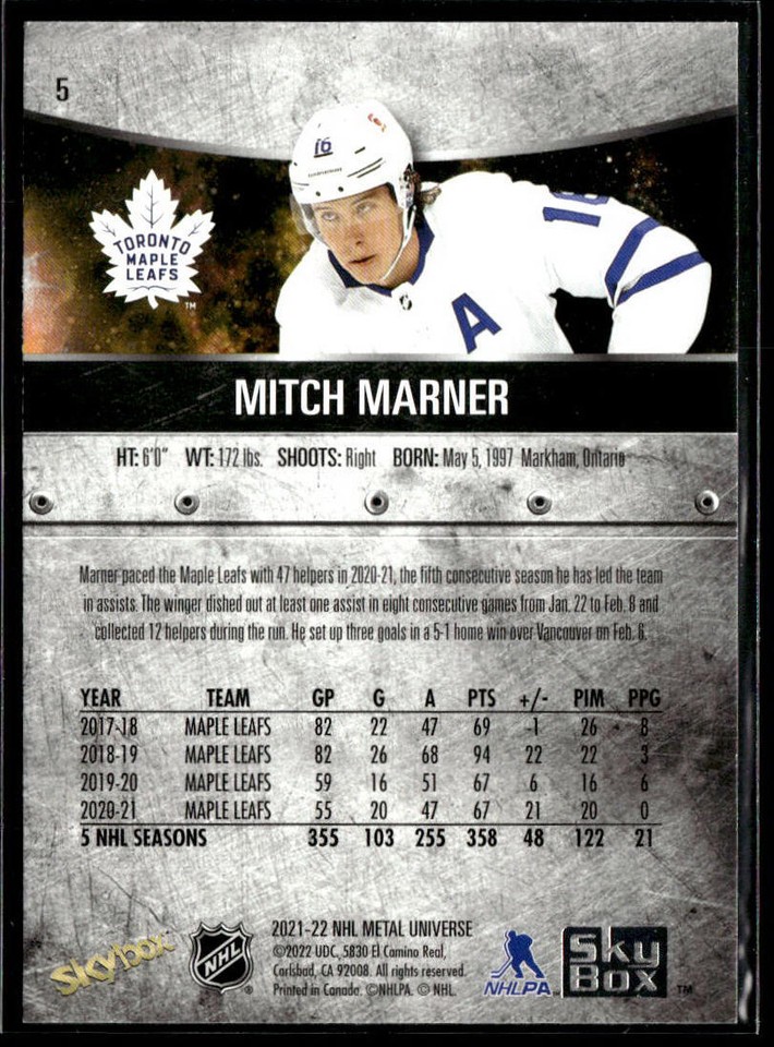 2021-22 SkyBox Metal Universe #5 Mitch Marner Toronto Maple Leafs ...