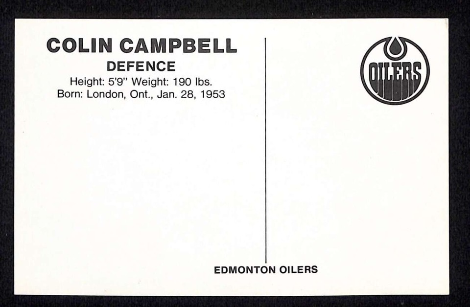 1979 Edmonton Oilers Postcards #2 Colin Campbell Team Issue EX/EX+ ...