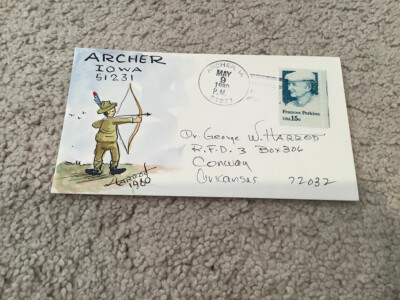 1980 ARCHER Iowa: Signed FOLK ART WATERCOLOR Postal Cover GEORGE HARROD ...