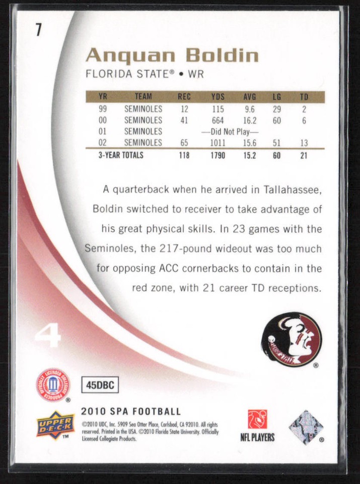 Anquan Boldin 2010 SP Authentic #7 Florida State Seminoles | eBay