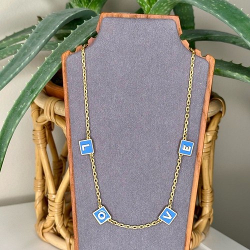 Tory Burch LOVE Necklace Gold Blue Enamel Letter Charms 18” Adjustable ...