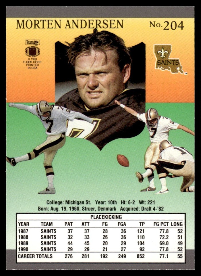 1991 Ultra Morten Andersen OnCardIPAuto Saints #204 *Noles2148* | eBay