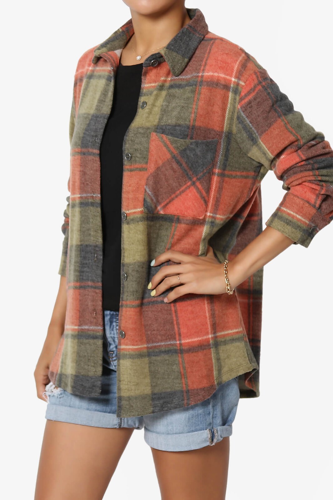Women's Soft Fleece Plaid Check Button Front Shirt Pocket Long Sleeve ...