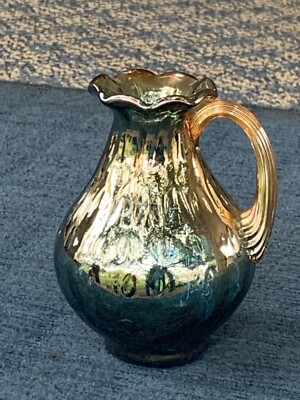Vintage Pilgrim Glass Iridescent Carnival Glass Small 4.5" Pitcher Blue ...