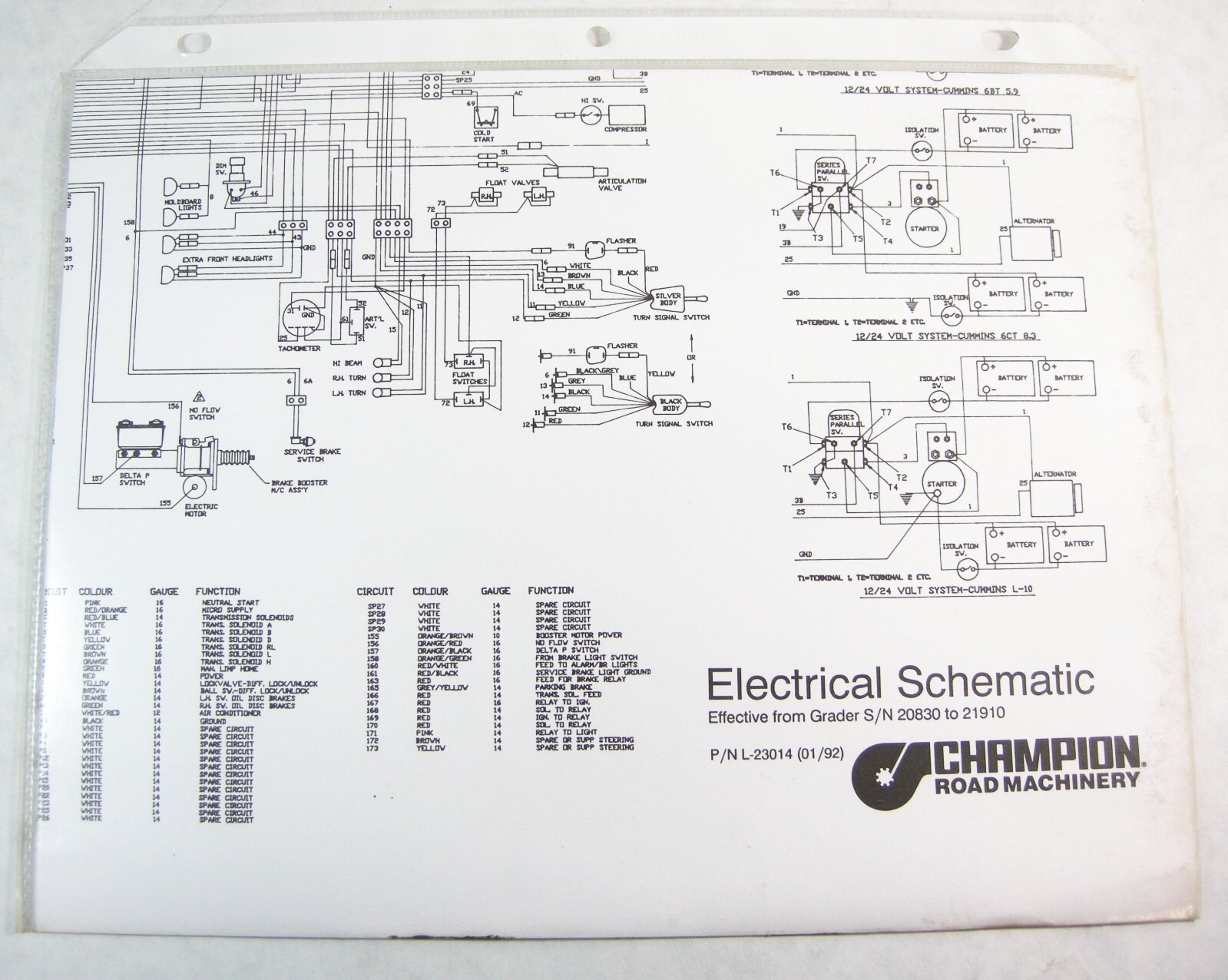 CHAMPION Motor Grader Electrical Schematic Diagram Manual S/N 20830 to ...