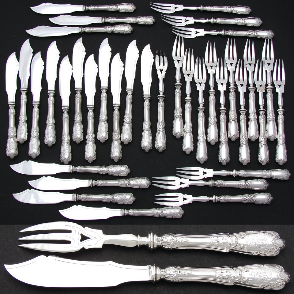 Antique French Sterling Silver & 18k Gold 182pc Flatware Set, 10p ...