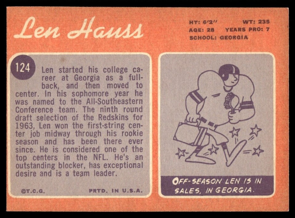 1970 Topps Football Card Len Hauss Washington Redskins #124 EX | eBay