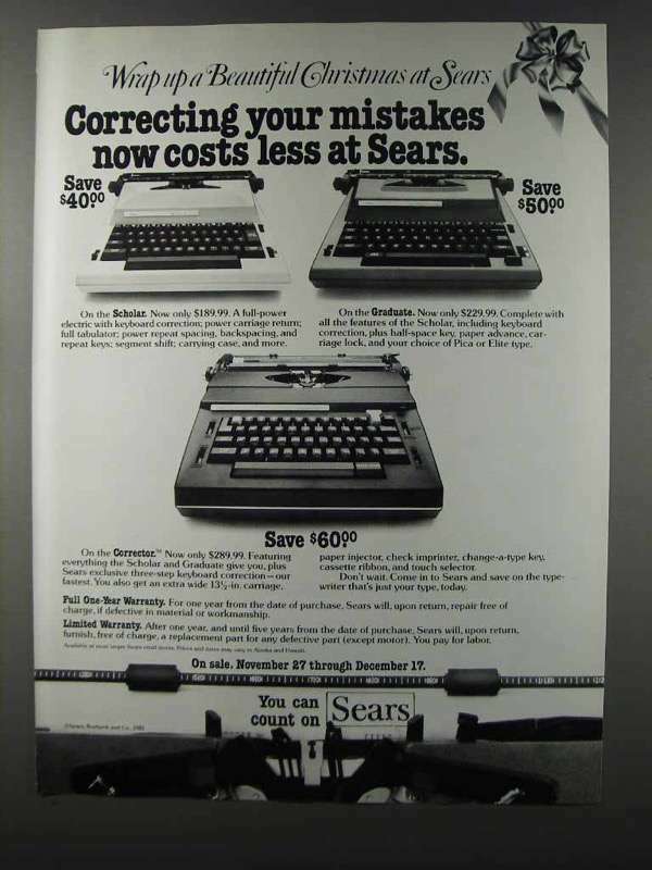 1981 Sears Scholar, Graduate, Corrector Typewriters Ad | eBay