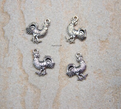 8 Rooster chicken charms, both sided, silver tone alloy detailed charm ...
