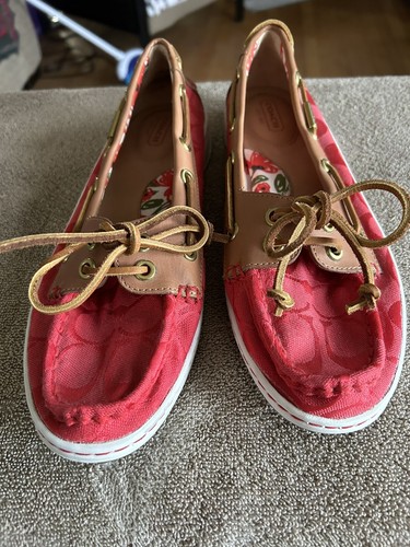 COACH Richelle Topsider Boat Shoes Red Canvas & Leather Loafer Size 8.5 ...