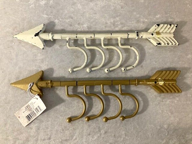 Set of 2 CBK Metal Arrows w/4 Hooks Gold & White Distressed Heavy 13 ...