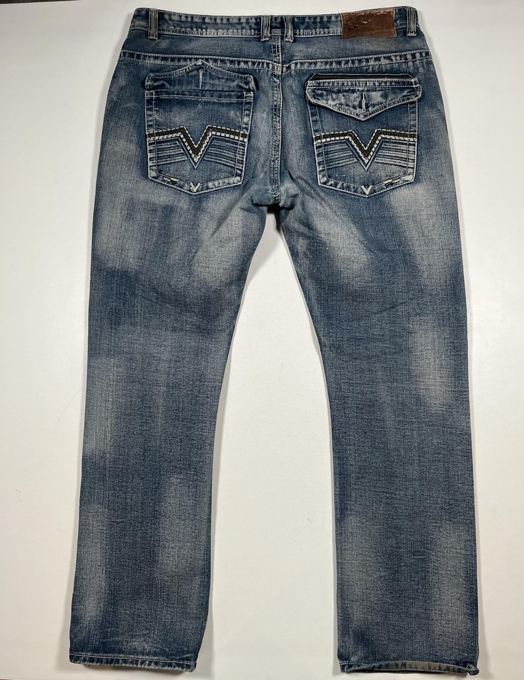 Blue Cult Jeans Mens 40 Blue Straight Leg Embroidered Back Pocket Denim ...