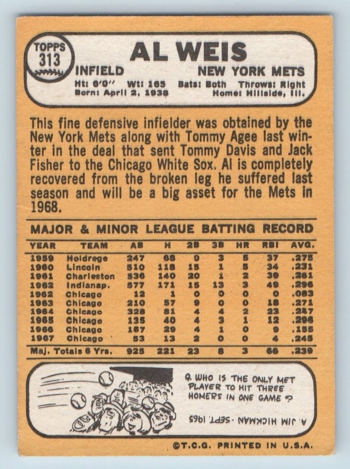 1968 Topps Baseball Cards #313 Al Weis New York Mets | eBay