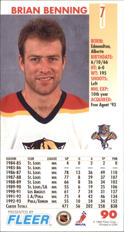 1993-94 PowerPlay Panthers Hockey Card #90 Brian Benning | eBay