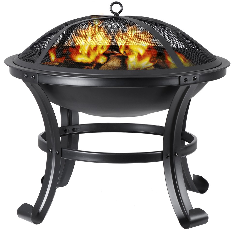 22" Outdoor Wood Burning Fire Pit with Mesh Lid and Fire Picker for ...