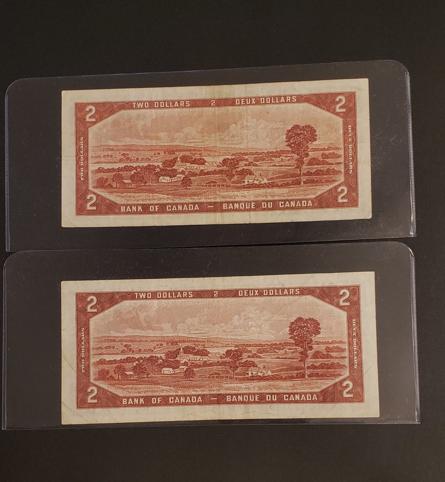 2 OF 1954 Bank of Canada $2 DEVIL FACE Banknotes. SHORT RUN PREFIX "D/B ...