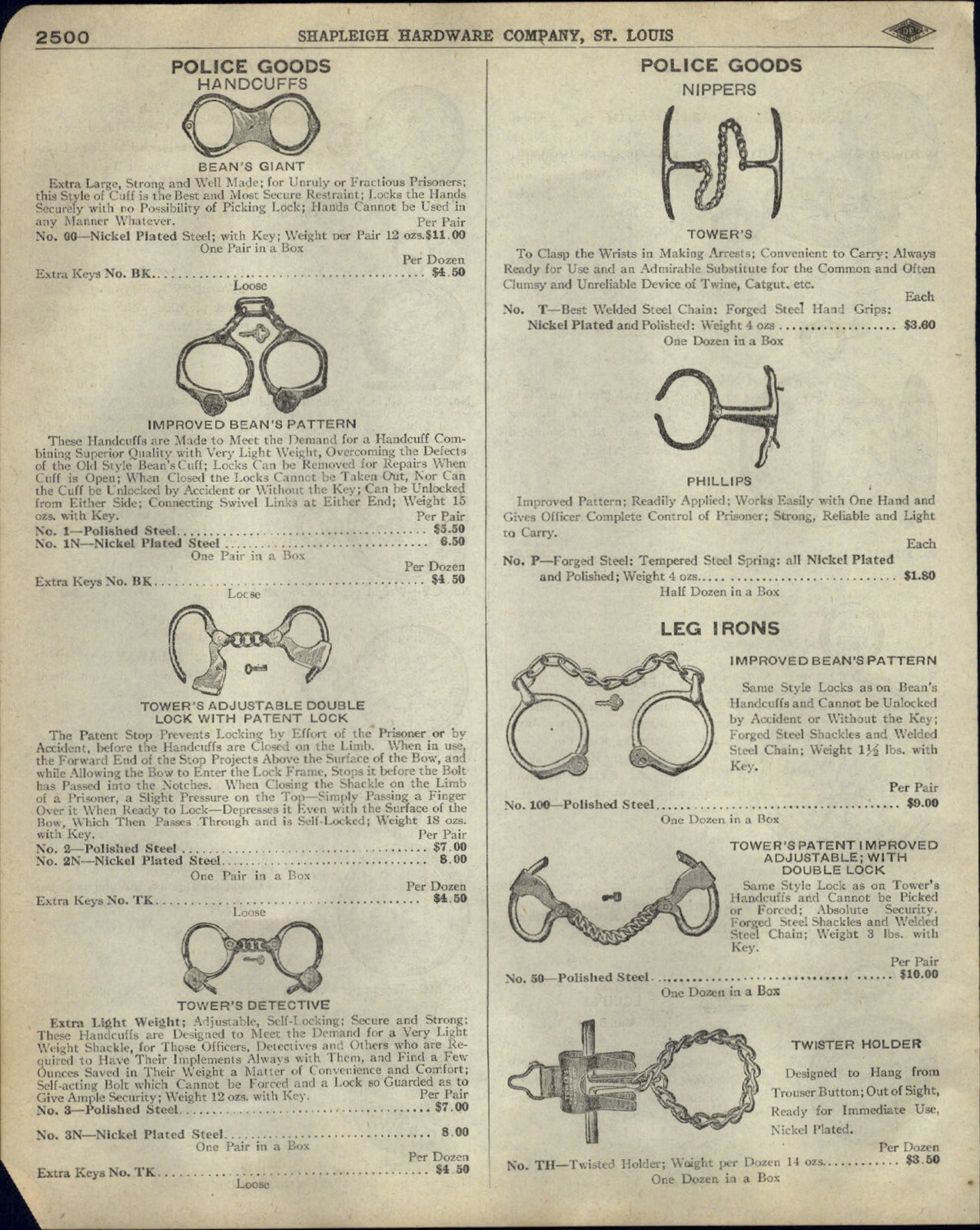 1918 PAPER AD Police Handcuffs Beans Towers Detective Nippers Leg Irons ...