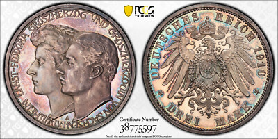 Toning! 1910 A SILVER GERMANY PROOF SAXE-WEIMAR-EISENACH 3 MARK PCGS ...