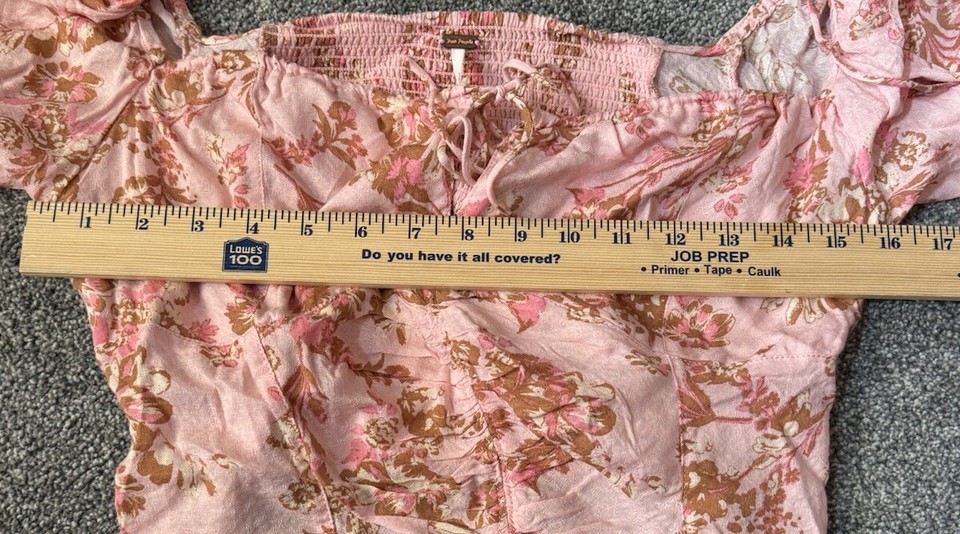 Free People Women's Floral Blouse Pink Long Sleeve Square Neck Ruched ...