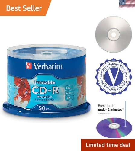 Verbatim CD-R Blank Discs 700MB 80 Minutes 52X Silver Inkjet Printable ...
