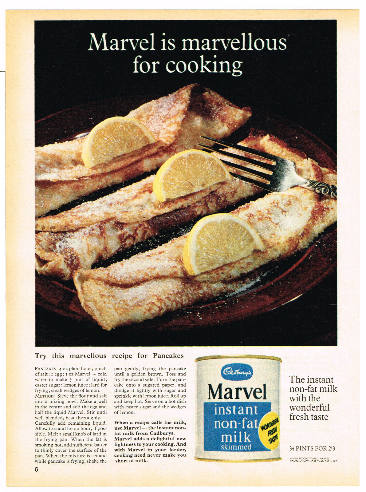 Cadbury's Marvel Instant Non Fat Milk 1966 Full Page Magazine Ad Advert ...