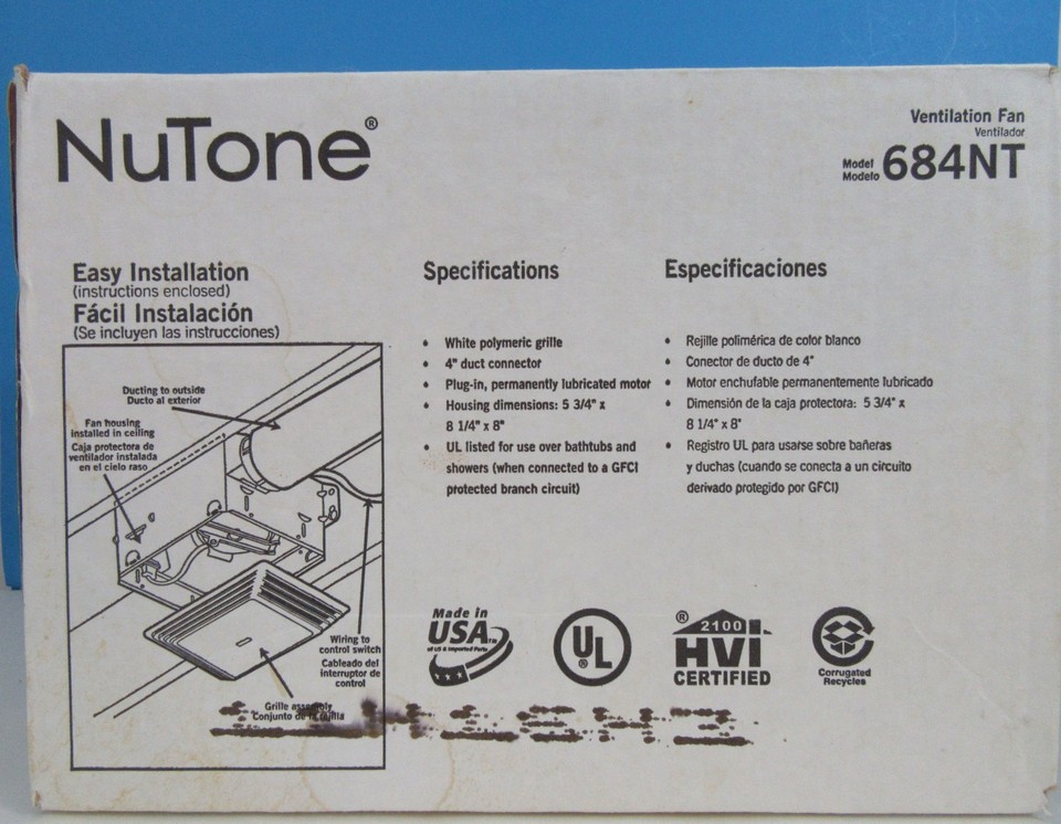 NuTone Ventilation Fan model 684NT for Bathroom and Shower White ...
