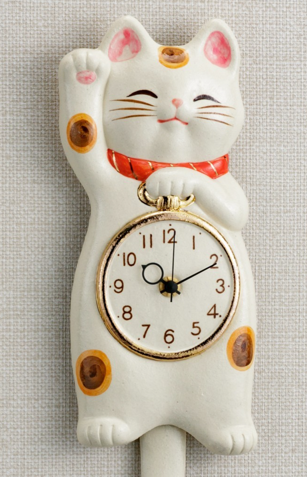 Japanese White Lucky Cat Manekineko Pendulum Wall Clock Pottery Seto ...