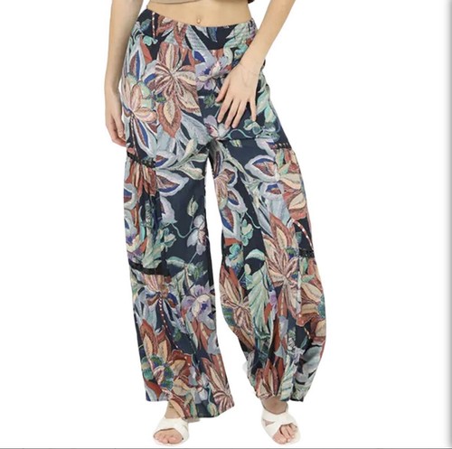 Angie Women’s Floral Boho Festival Wide Leg Pants Lace Inserts Sz Large ...