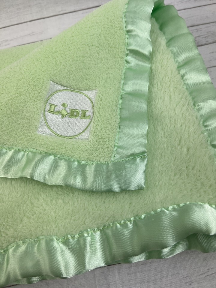 LIDL Solid Green Plush Satin Baby Blanket Lovey Logo Patch Soft | eBay