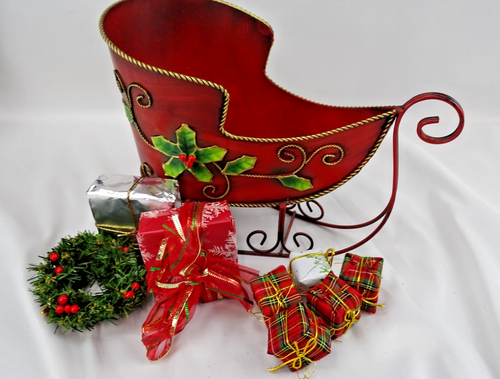 Red & Gold Metal Santa Sleigh Tabletop Holiday Decor with Wrapped Gifts ...