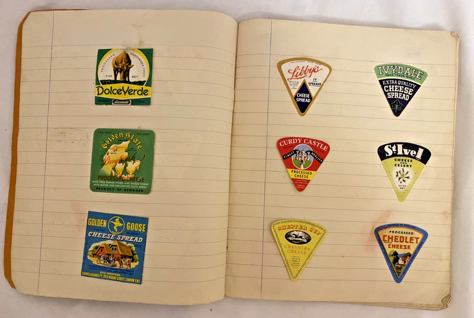 70 small cheese labels and 17 large cheese labels in exercise book inc ...