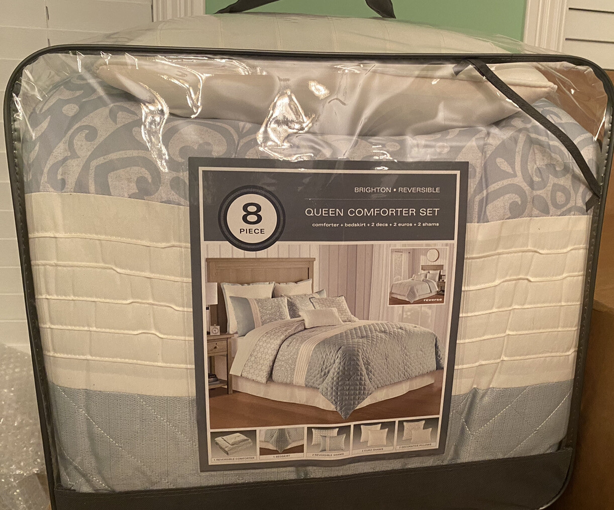 Sunham Home Fashions 8 piece Brighton Comforter Set Queen Teal White | eBay