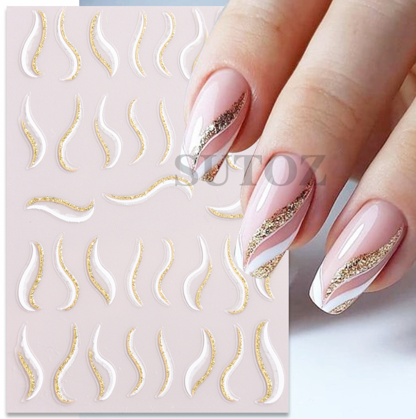 3D Glitter Gold Line Nail Art Stickers Decals French Tip Wavy Fringe ...