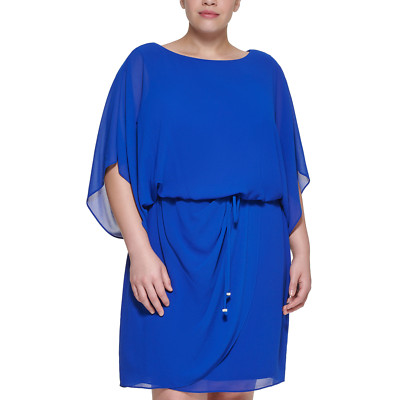 Jessica Howard Womens Blue Chiffon 3/4 Sleeves Tie Waist Blouson Dress ...