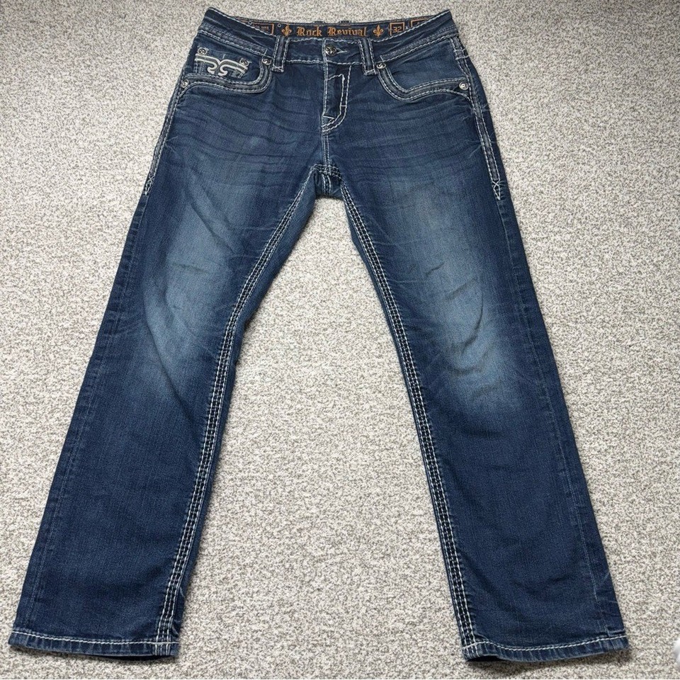Men's Rock Revival Dark Blue Wash Echter Straight Leg Jeans Size 32x30 ...