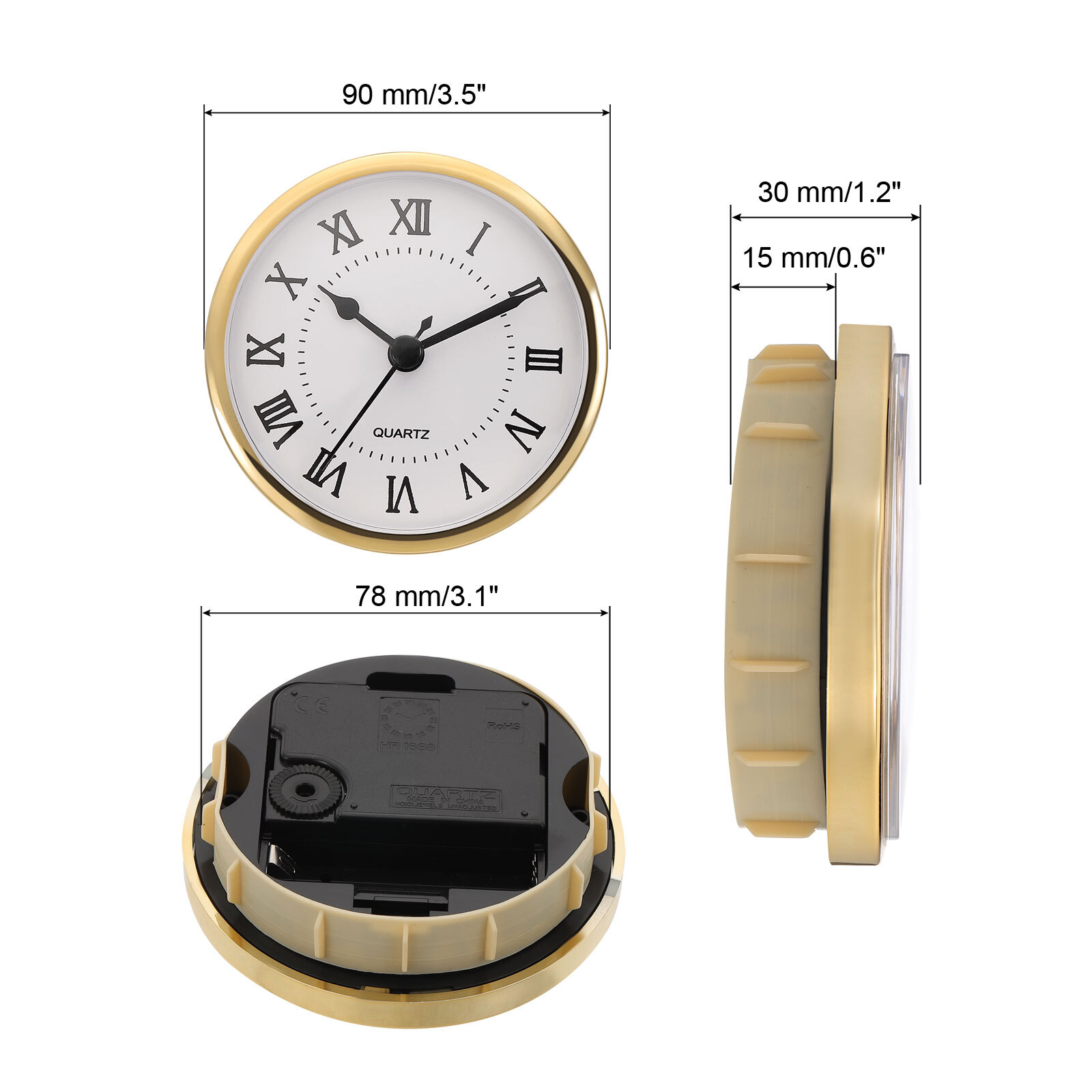 3.5" 90mm Quartz Roman Clock Insert, Fit 78mm/3.1", Gold/White, Style 3 ...