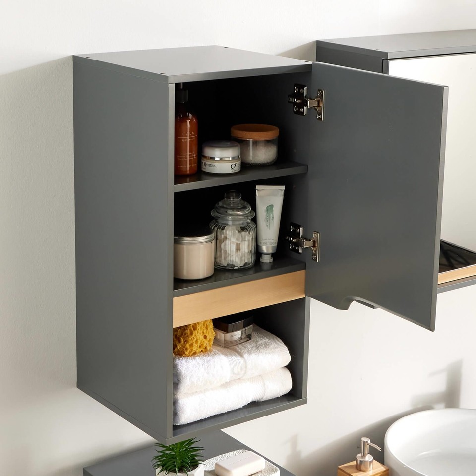 Bathroom Cabinet Wall Mounted Grey Storage Shelf Organiser Cupboard ...