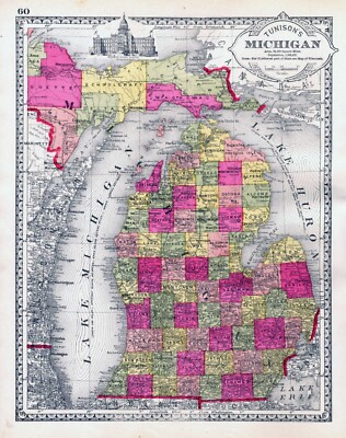 Michigan - Indiana - Hand Colored Maps - With Counties - Tunison's ...