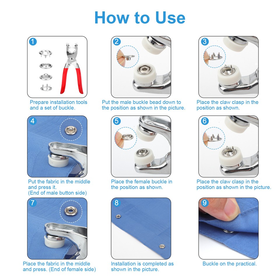 100 Set Snap Fastener Kit 9.5mm Press Studs with Pliers for Fabric ...