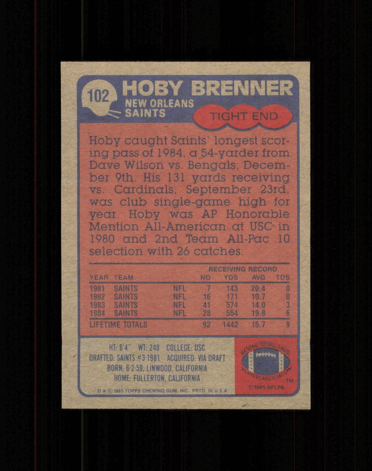 1985 Topps Football #102 Hoby Brenner RC New Orleans Saints | eBay