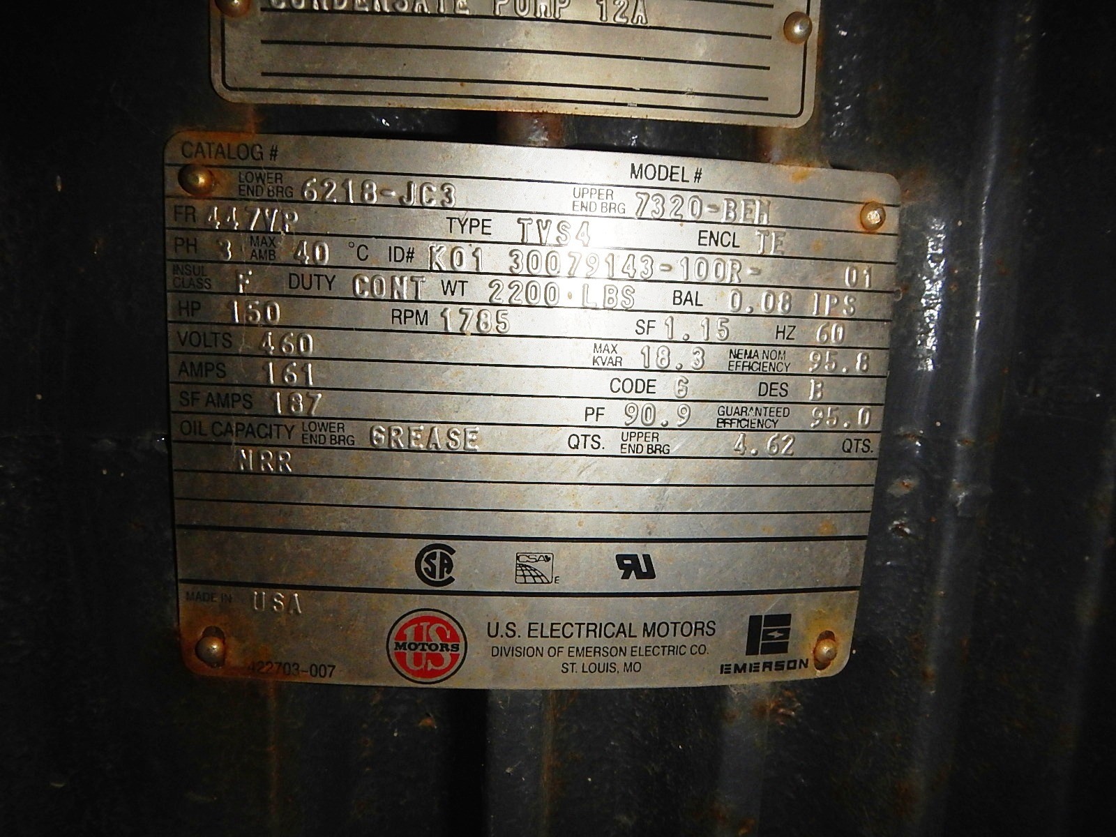 150 HP US Electric AC Vertical Motor 1800 RPM Fr 447VP TEFCBB-VSS 460 V ...