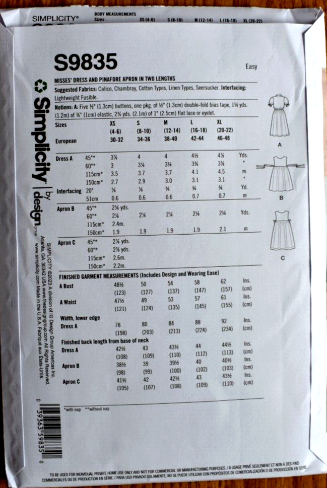 SIMPLICITY PATTERN 9835 DRESS APRONS PINAFORE MISSES SIZES XS S M L XL ...