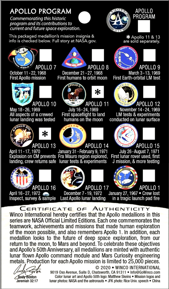 APOLLO PROGRAM - 50th Anniversary - LUNAR FLOWN METAL - NASA MEDALLION ...
