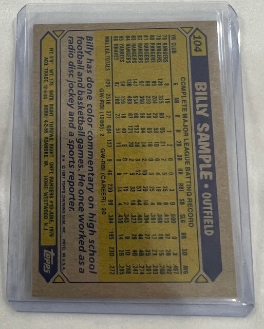 Billy Sample 1987 Topps Tiffany Baseball card #104 Braves | eBay