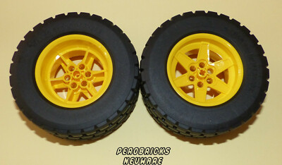 Lego Technic 2 Räder Rad Reifen 94,3 x 38 R gelbe 6-Loch-Felgen NEUWARE ...
