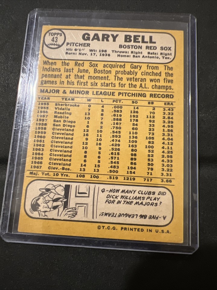 1968 Topps Baseball Card #43 Gary Bell - Low To Mid Grade - G/VG! | eBay