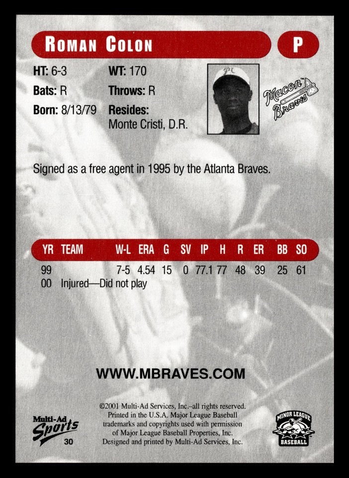 Roman Colon 2001 Multi-Ad Macon Braves #30 ROOKIE Buy2get1FREE *ML03 | eBay