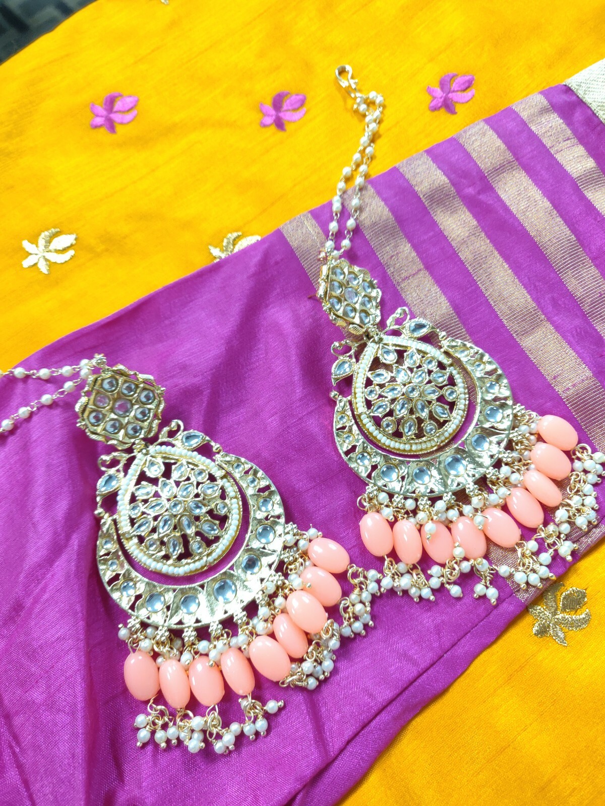 Ethnic Indian Earrings/Bollywood Seher Earrings/Peach Pearl Imitation ...