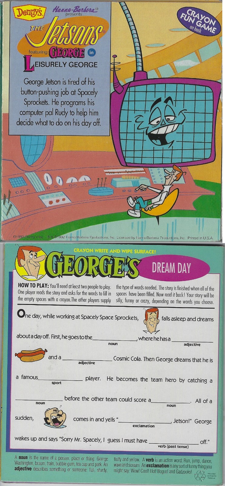 DENNY'S JETSONS CRAYON FUN GAME BOOK LEISURELY GEORGE NM GIVEAWAY PROMO ...